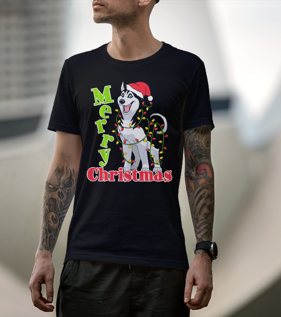Merry Christmas Husky Festive Lights Holiday Santa Hat T-Shirt