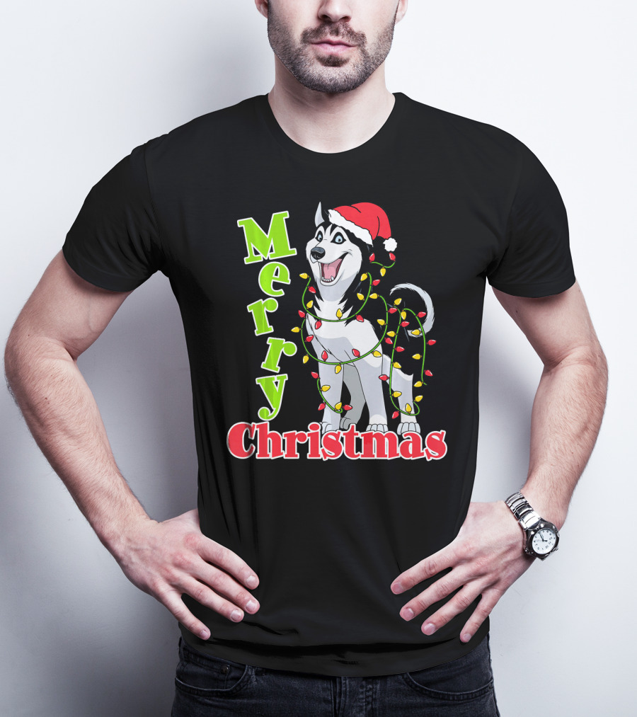 Merry Christmas Husky Festive Lights Holiday Santa Hat T-Shirt