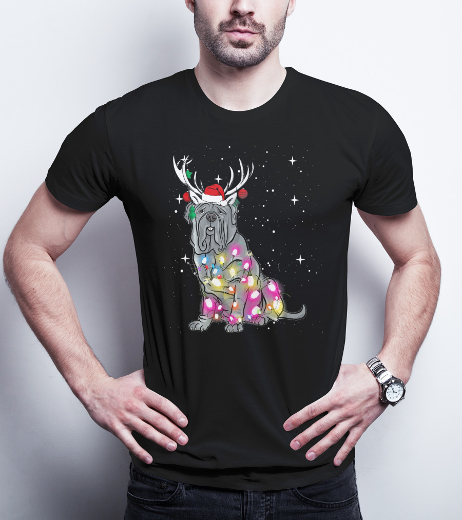 Neapolitan Mastiff With Christmas Lights And Santa Hat In Snowy Night T-Shirt