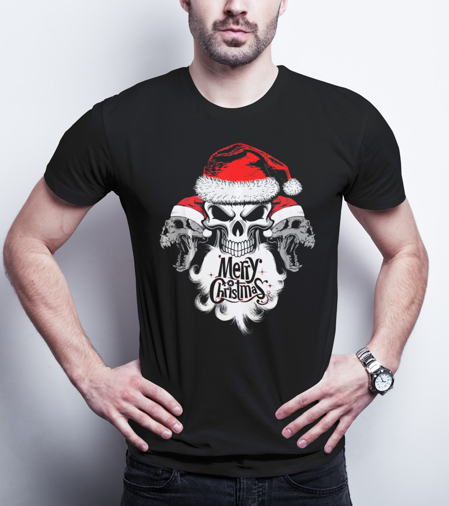 Merry Christmas Funny Skull Santa With Santa Hat And Beards T-Shirt