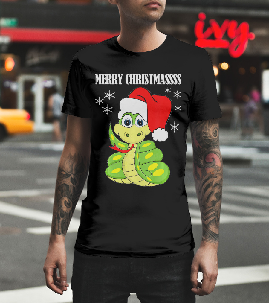 Merry Christmassss Snake Cute Snak Santa Hat Snowflakes T-Shirt