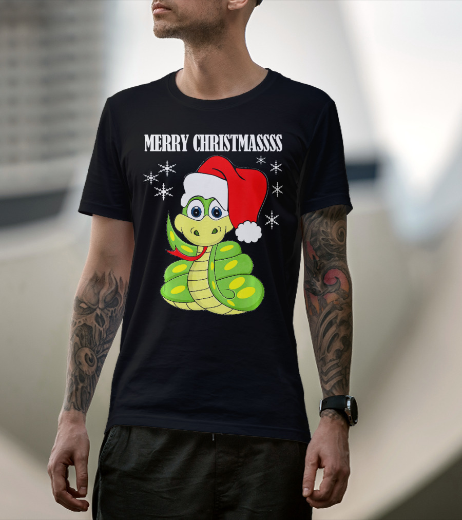 Merry Christmassss Snake Cute Snak Santa Hat Snowflakes T-Shirt
