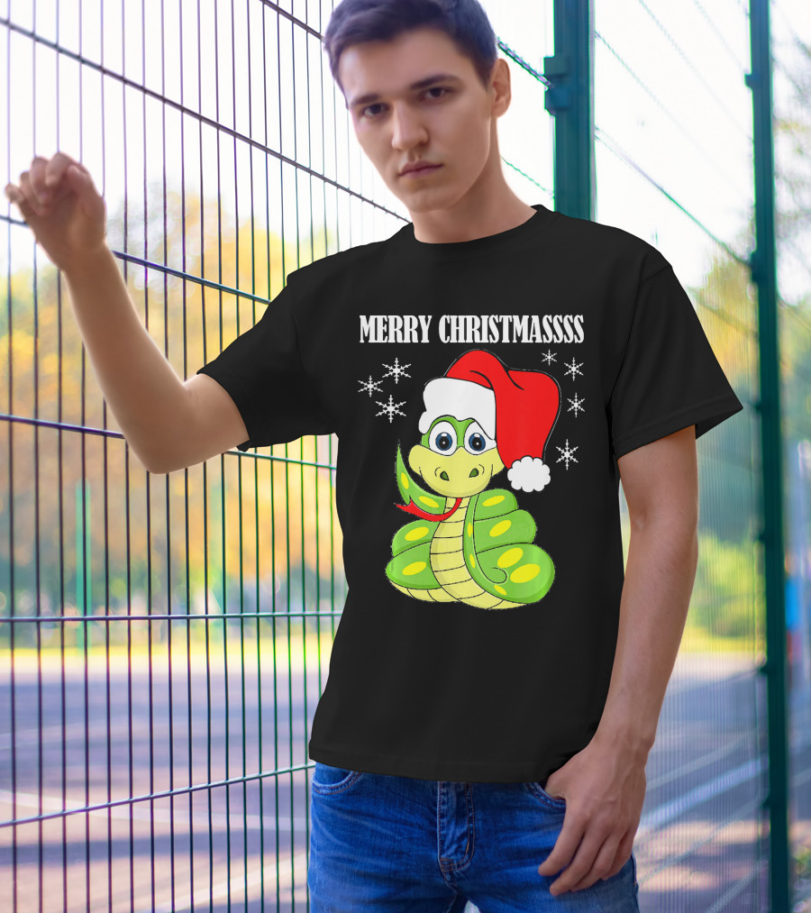 Merry Christmassss Snake Cute Snak Santa Hat Snowflakes T-Shirt