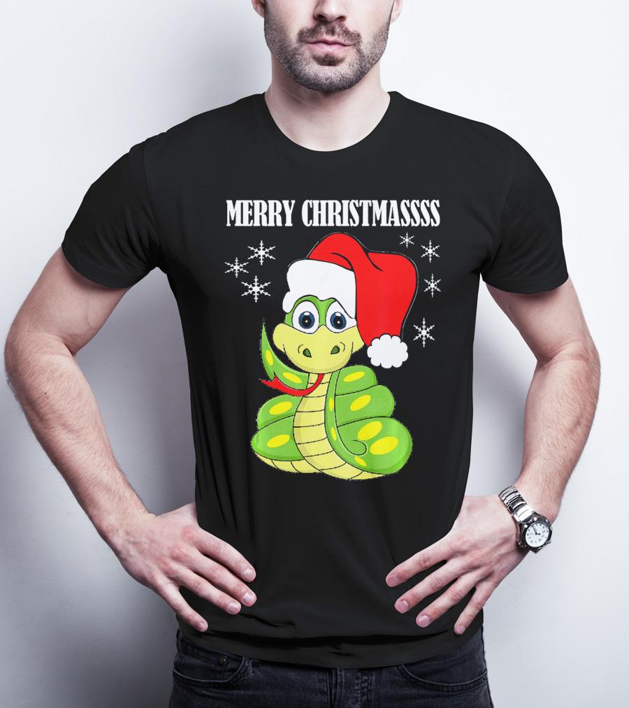 Merry Christmassss Snake Cute Snak Santa Hat Snowflakes T-Shirt