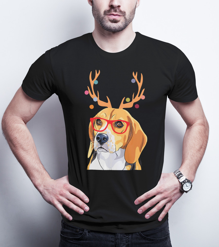 Beagle With Christmas Antlers And Red Glasses T-Shirt