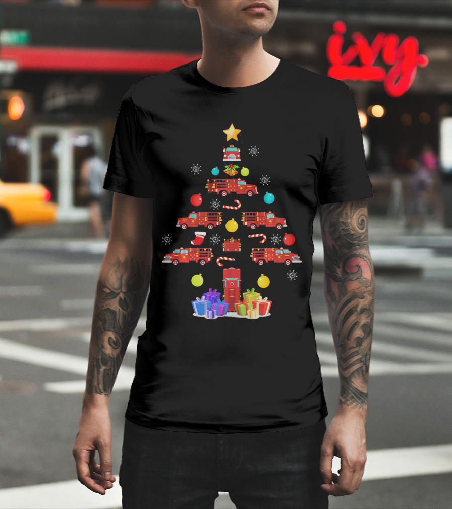 Funny Firefighter Christmas Tree Ornament Fire Truck Star Gifts T-Shirt