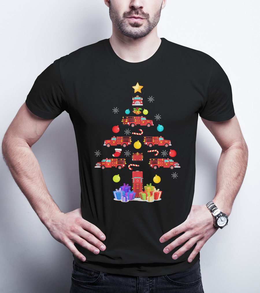 Funny Firefighter Christmas Tree Ornament Fire Truck Star Gifts T-Shirt
