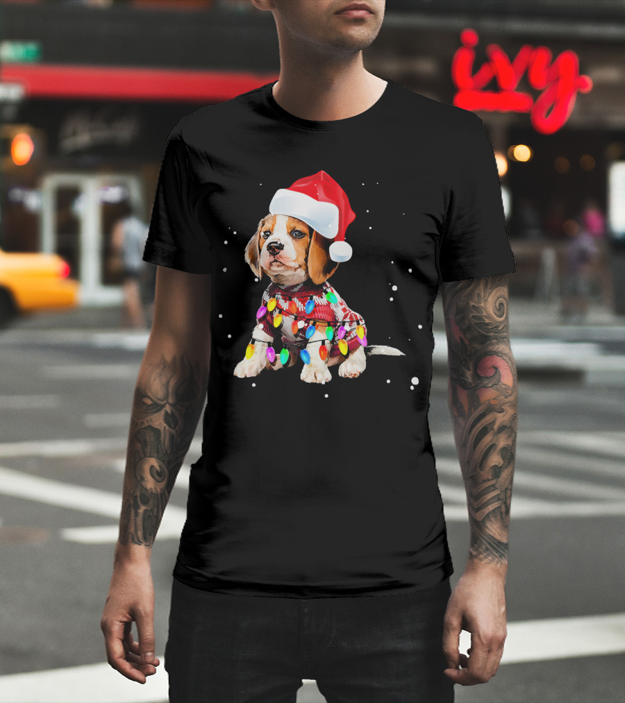 Santa Hat Beagle Wrapped In Christmas Lights T-Shirt