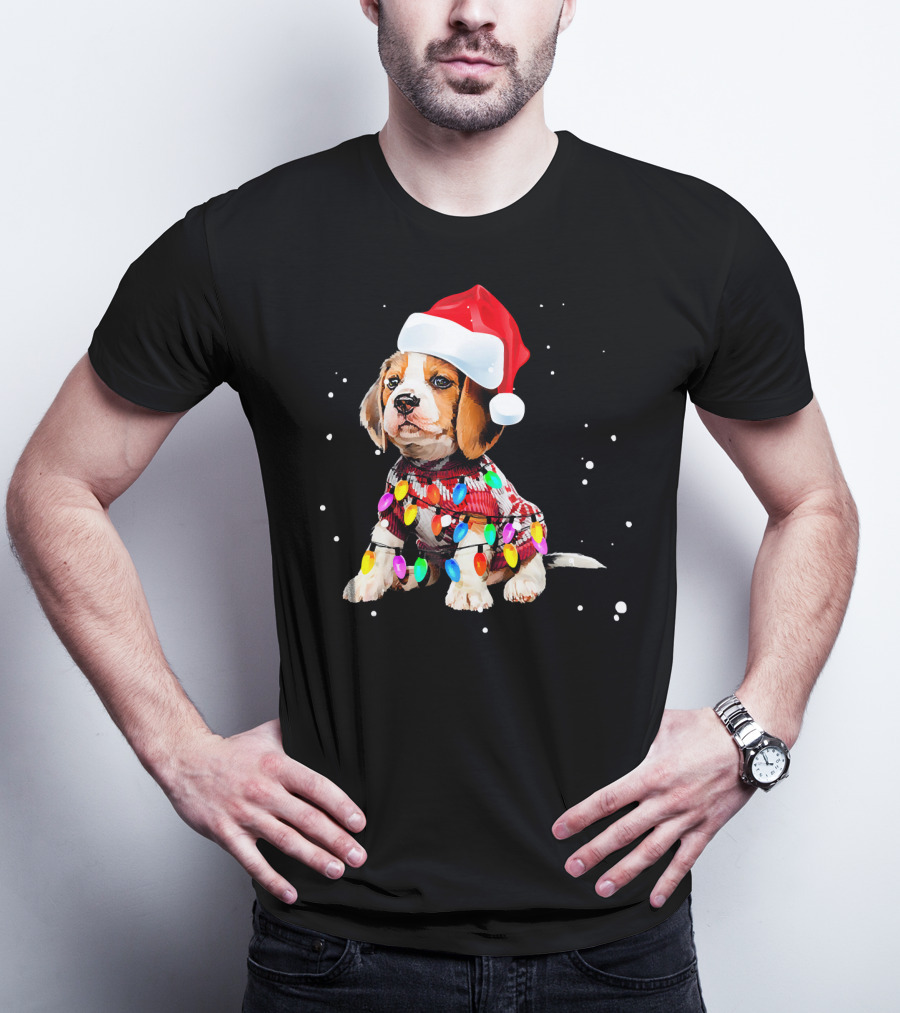 Santa Hat Beagle Wrapped In Christmas Lights T-Shirt