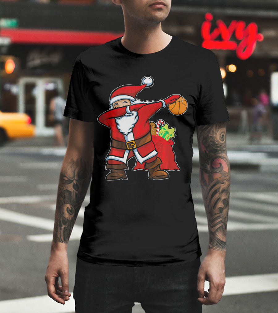 Christmas Dabbing Santa Holding Basketball With Gifts T-Shirt
