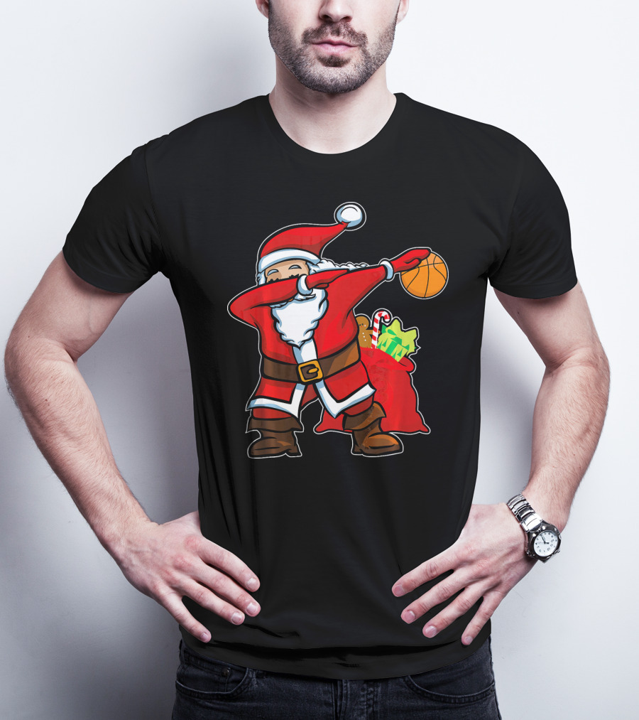 Christmas Dabbing Santa Holding Basketball With Gifts T-Shirt