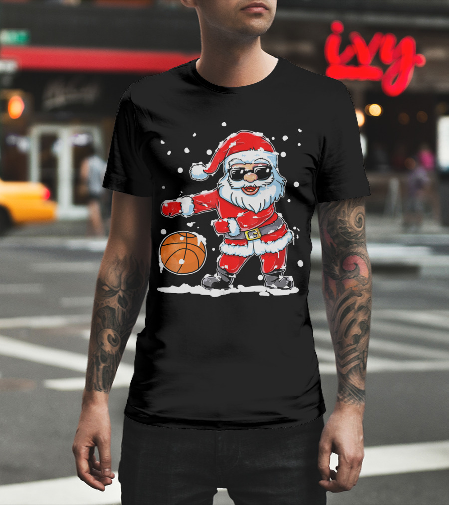 Santa Flossing With Basketball In Snowy Christmas Scene T-Shirt