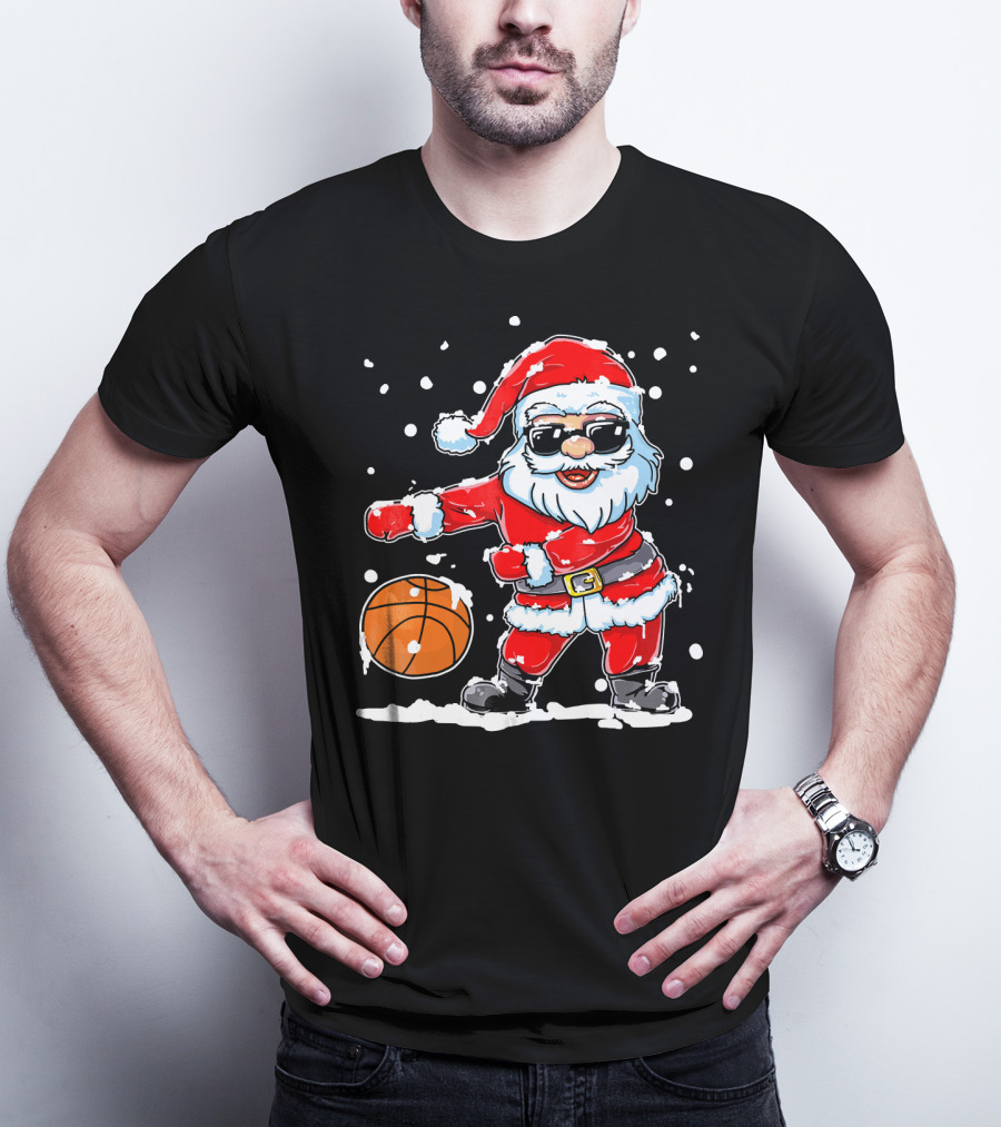 Santa Flossing With Basketball In Snowy Christmas Scene T-Shirt