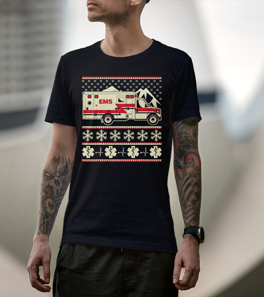 EMS Christmas Ambulance Ugly Sweater Snowflake T-Shirt