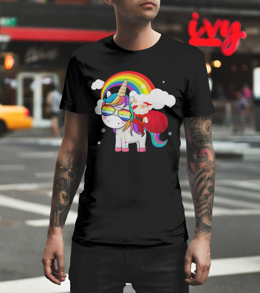 Cool Santa Riding Unicorn Rainbow Christmas Cos T-Shirt