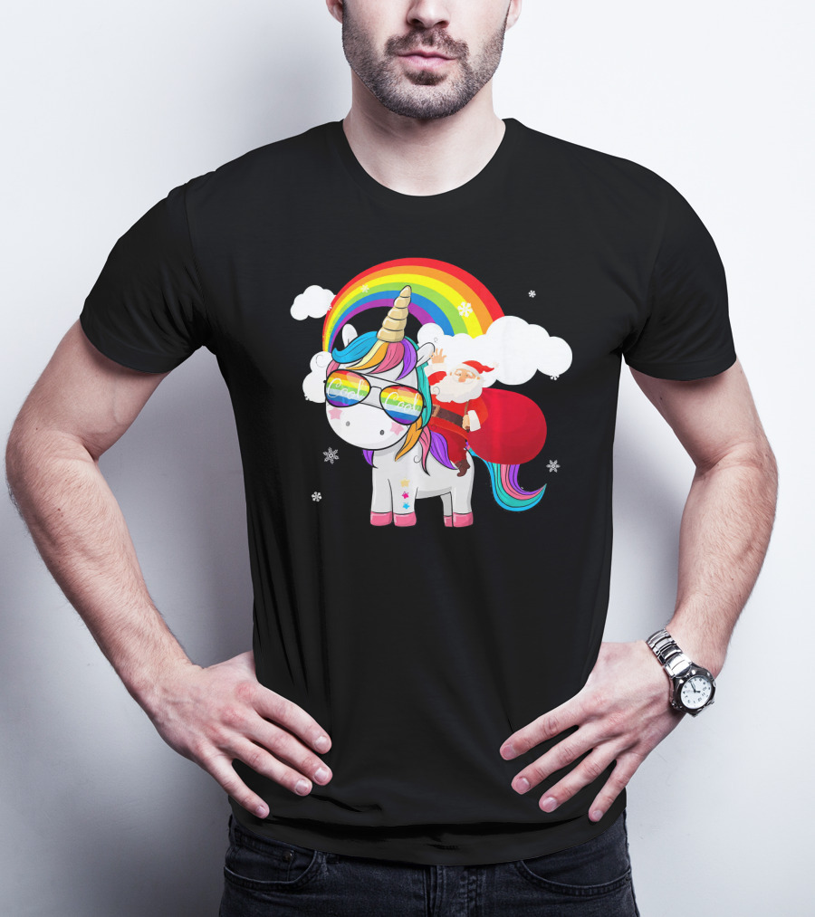 Cool Santa Riding Unicorn Rainbow Christmas Cos T-Shirt