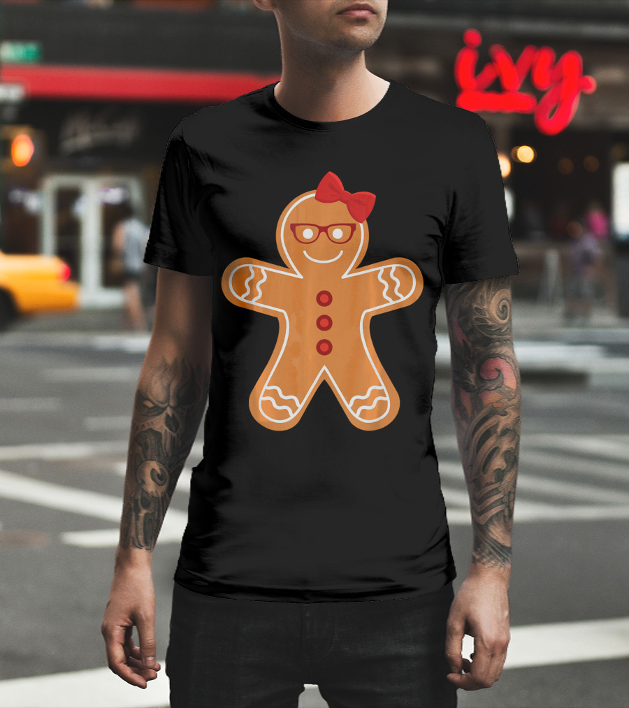 Gingerbread Girl Cookie With Glasses And Red Bow Christmas T-Shirt