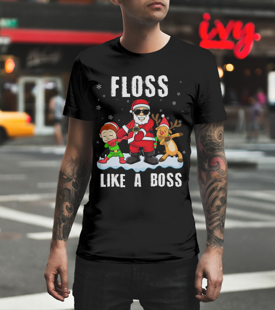 Floss Like A Boss Santa With Elf And Reindeer Dance Funny Christmas T-Shirt