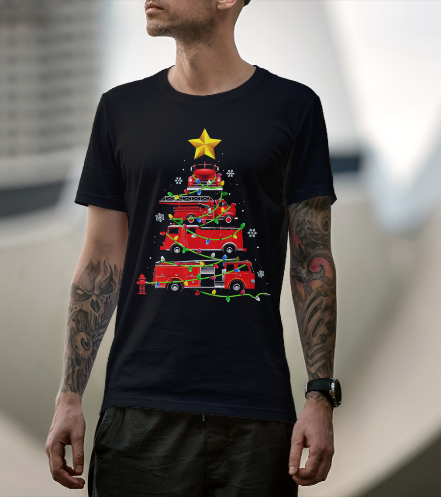 Firefighter Truck Holiday Lights Christmas Tree T-Shirt