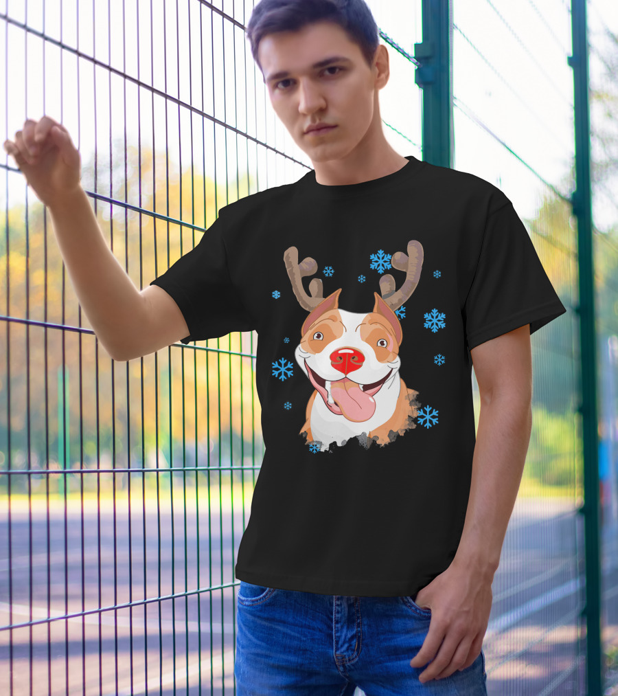 Funny Cutie Pit Bull Reindeer Antlers Snowflakes T-Shirt