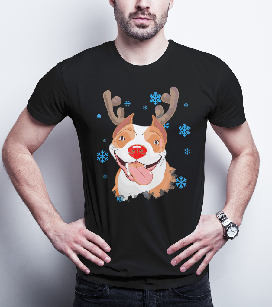 Funny Cutie Pit Bull Reindeer Antlers Snowflakes T-Shirt