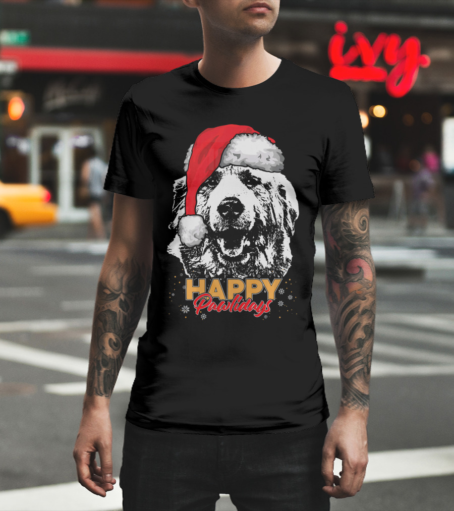 Happy Pawlidays Funny Christmas Great Pyrenees Santa Hat T-Shirt