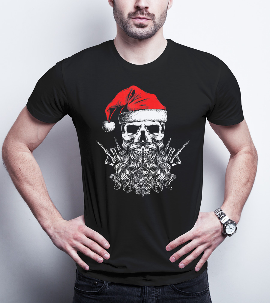 Hail Santa Heavy Metal Skull Red Santa Hat Skeleton Beard T-Shirt