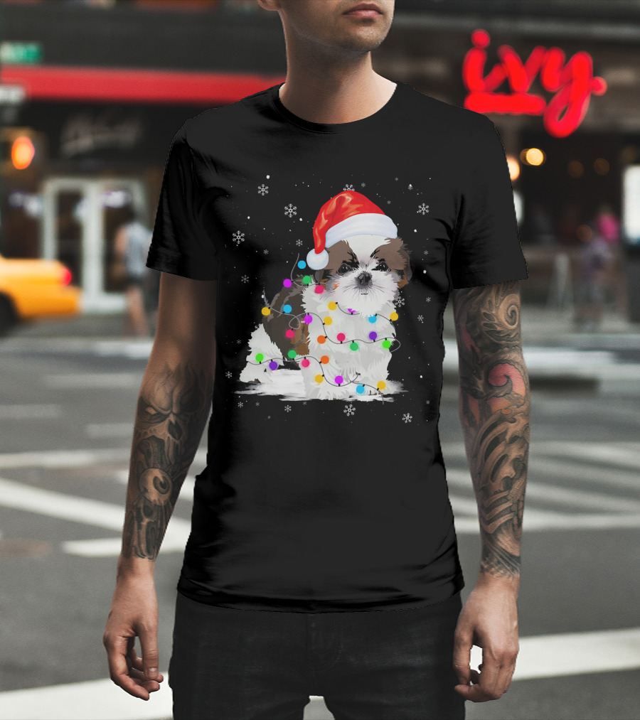 Shih Tzu Santa Hat Christmas Lights Snowflakes T-Shirt