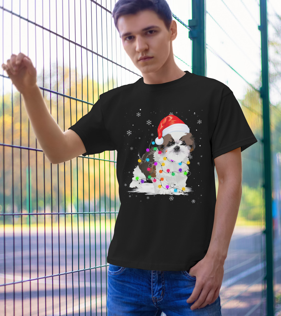 Shih Tzu Santa Hat Christmas Lights Snowflakes T-Shirt