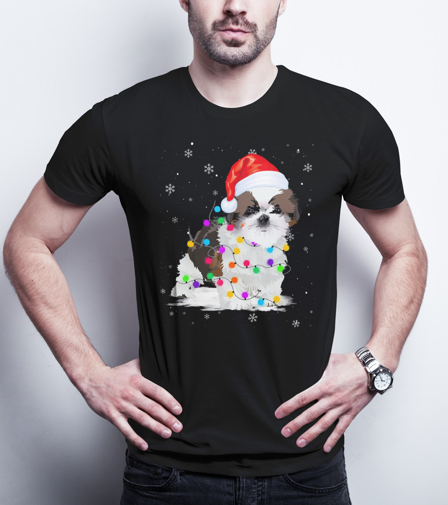 Shih Tzu Santa Hat Christmas Lights Snowflakes T-Shirt