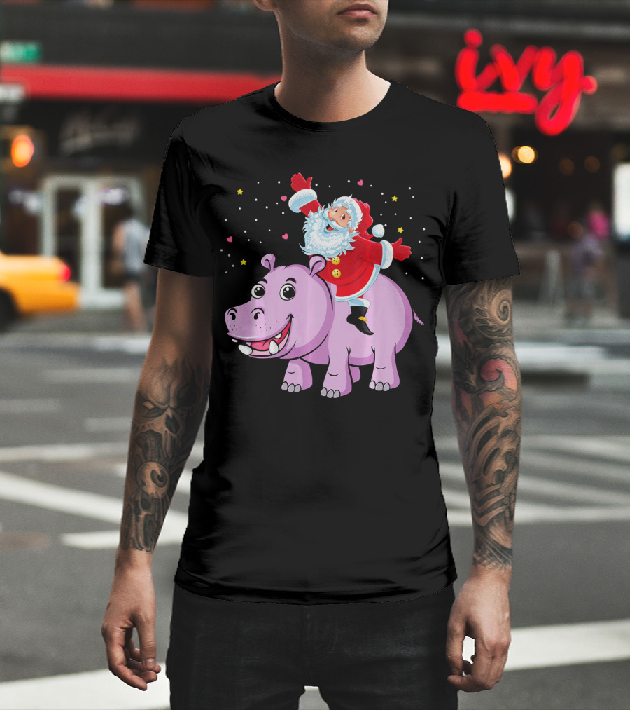 Santa Claus Riding A Happy Hippo Merry Christmas Stars T-Shirt