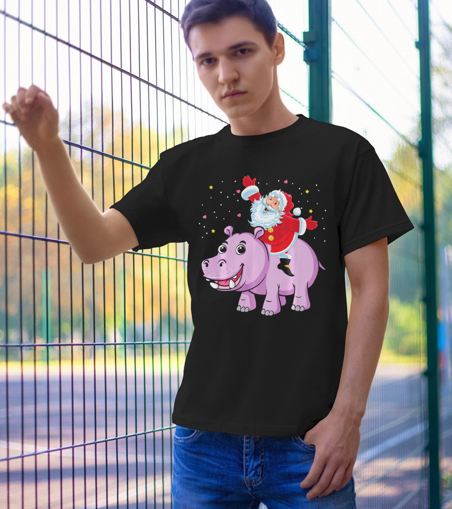 Santa Claus Riding A Happy Hippo Merry Christmas Stars T-Shirt