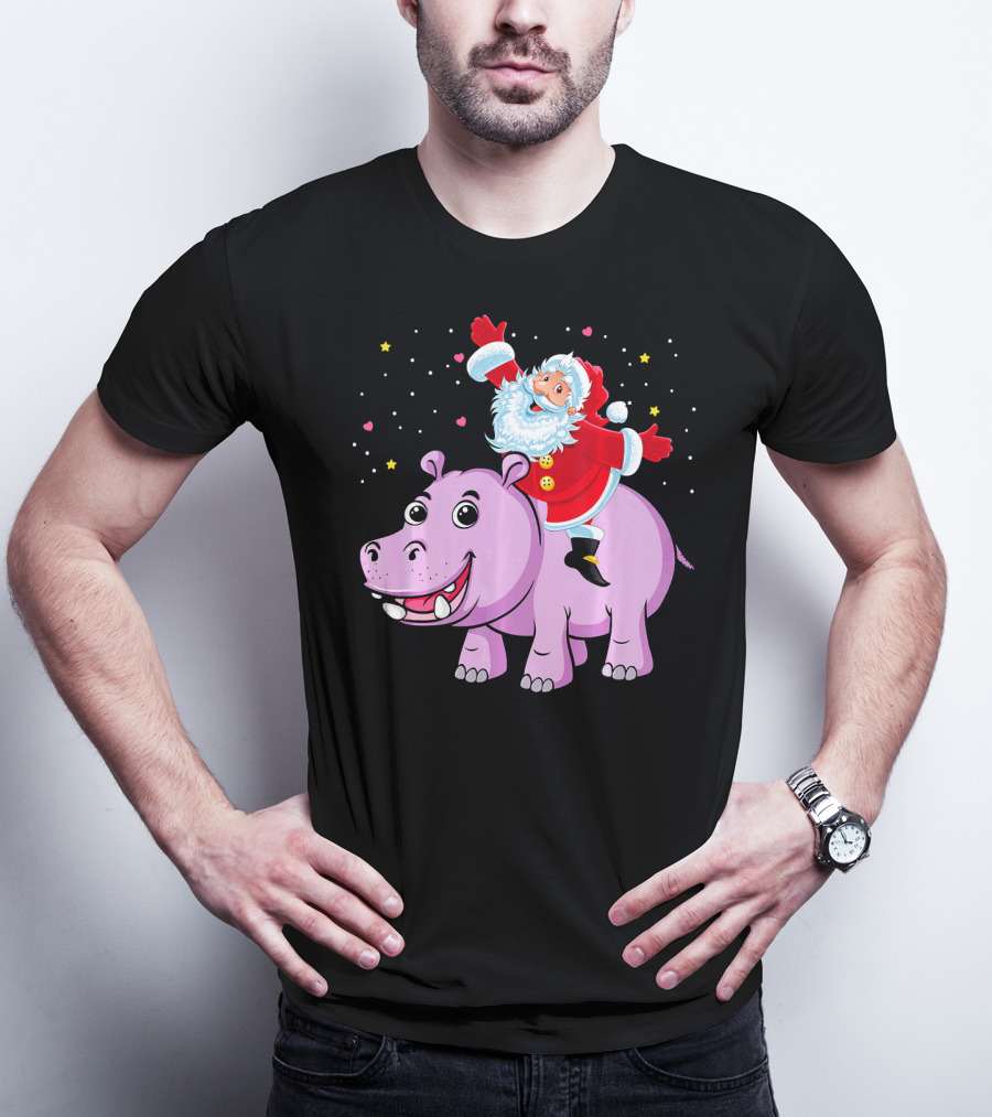 Santa Claus Riding A Happy Hippo Merry Christmas Stars T-Shirt