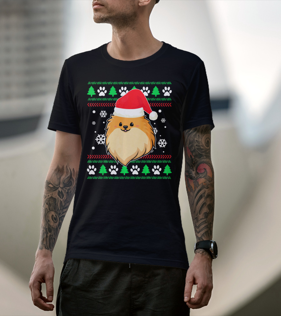 Pomeranian Santa Hat Ugly Christmas Sweater Snowflakes Trees Paws T-Shirt