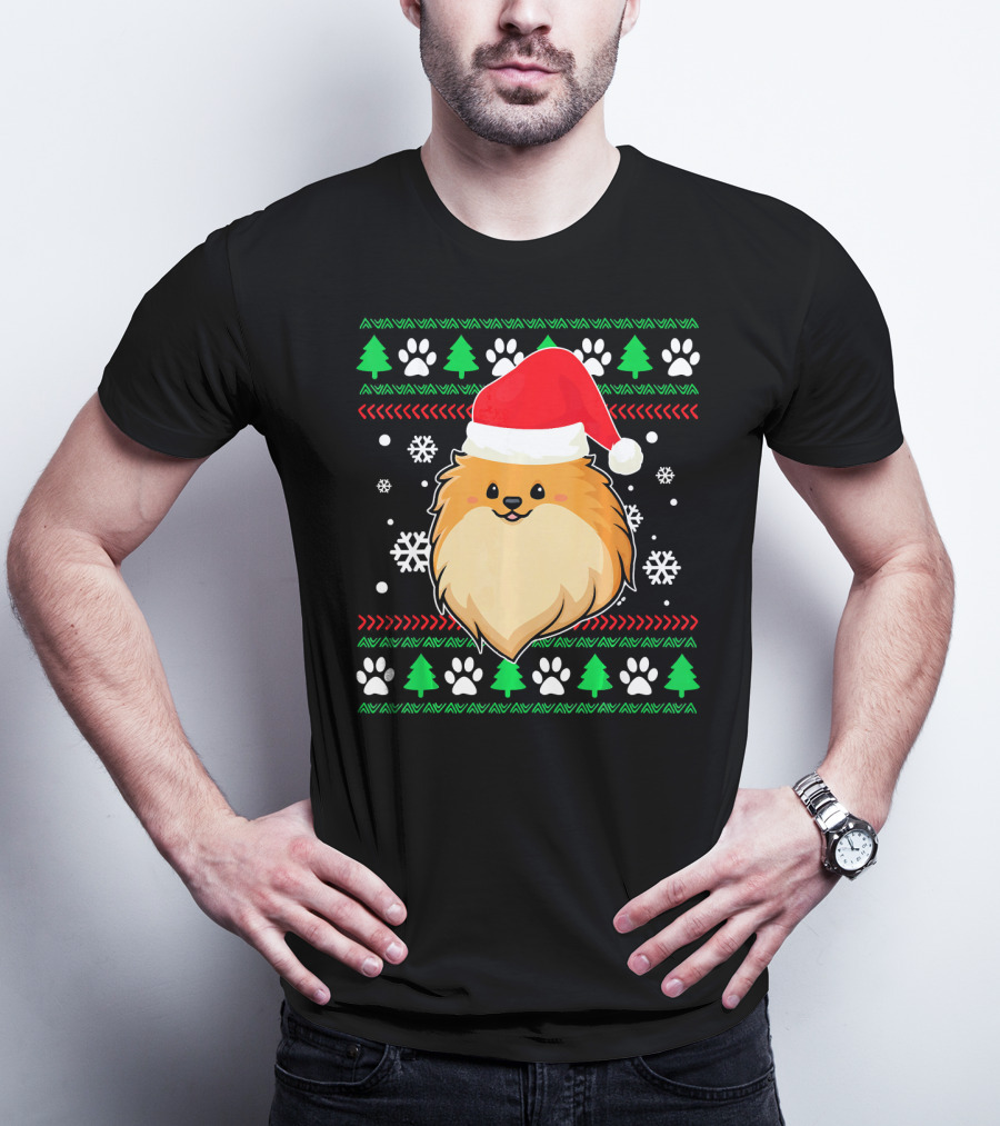 Pomeranian Santa Hat Ugly Christmas Sweater Snowflakes Trees Paws T-Shirt