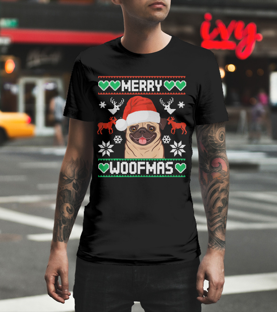 Merry Woofmas Christmas Xmas Santa Claus Dog Reindeer Pug In Santa Hat With Snowflakes And Green Hearts T-Shirt