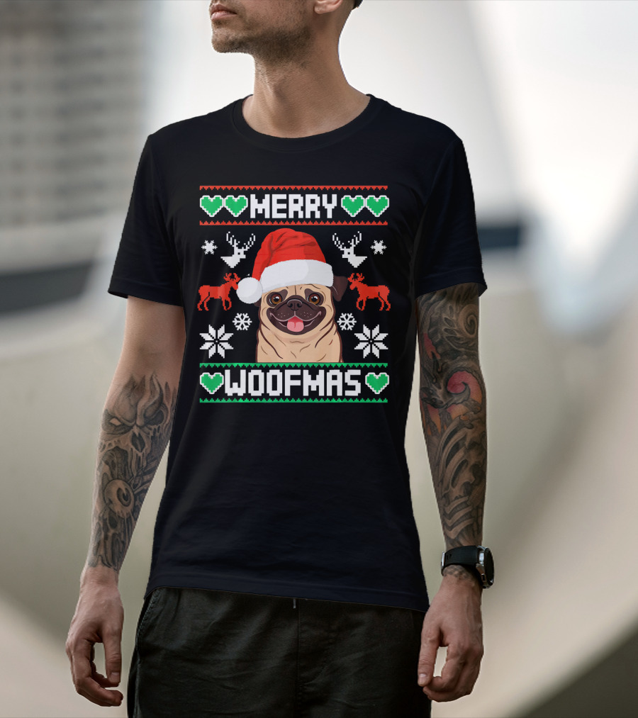 Merry Woofmas Christmas Xmas Santa Claus Dog Reindeer Pug In Santa Hat With Snowflakes And Green Hearts T-Shirt