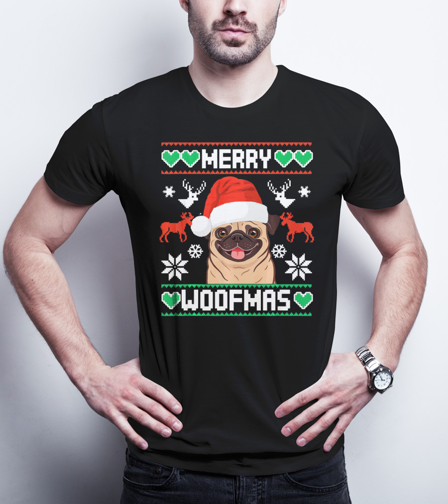 Merry Woofmas Christmas Xmas Santa Claus Dog Reindeer Pug In Santa Hat With Snowflakes And Green Hearts T-Shirt