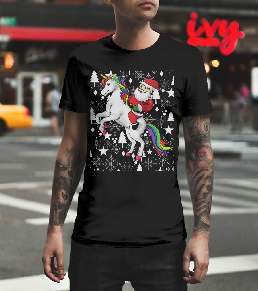 Santa Claus Riding A Unicorn Ugly Christmas Sweater With Stars And Snowflakes T-Shirt