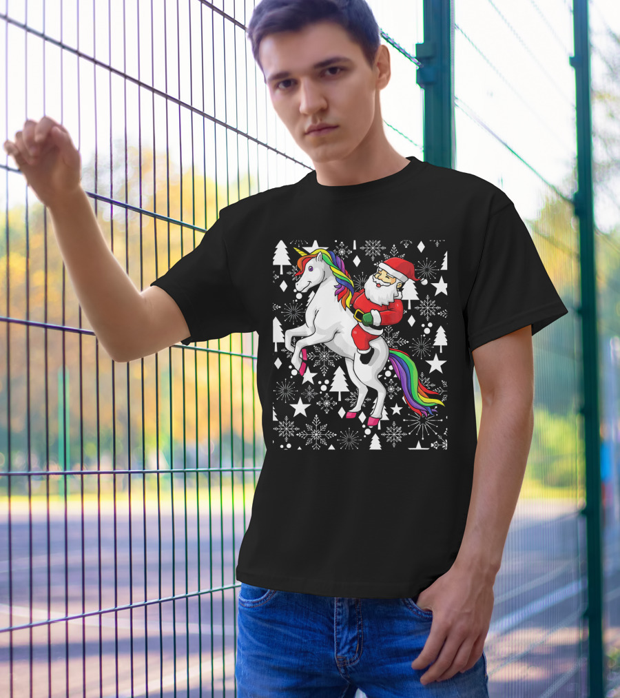Santa Claus Riding A Unicorn Ugly Christmas Sweater With Stars And Snowflakes T-Shirt