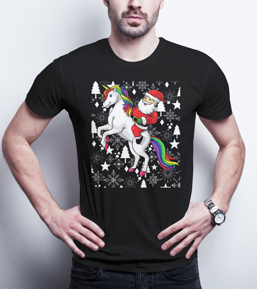 Santa Claus Riding A Unicorn Ugly Christmas Sweater With Stars And Snowflakes T-Shirt