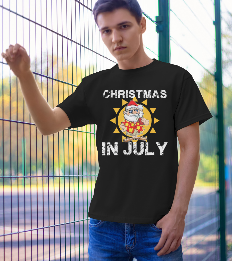 Christmas In July Funny Santa In Hawaiian Shirt With Sunglasses And Drink T-Shirt