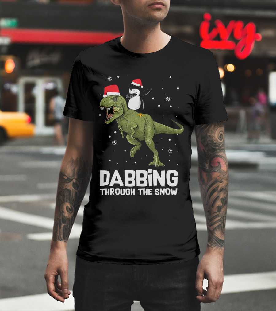 Dabbing Through The Snow Penguin On Dinosaur Christmas T-Shirt