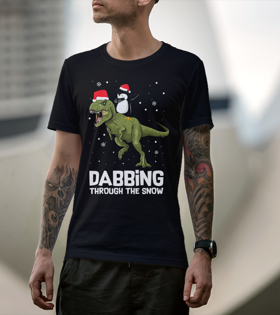 Dabbing Through The Snow Penguin On Dinosaur Christmas T-Shirt