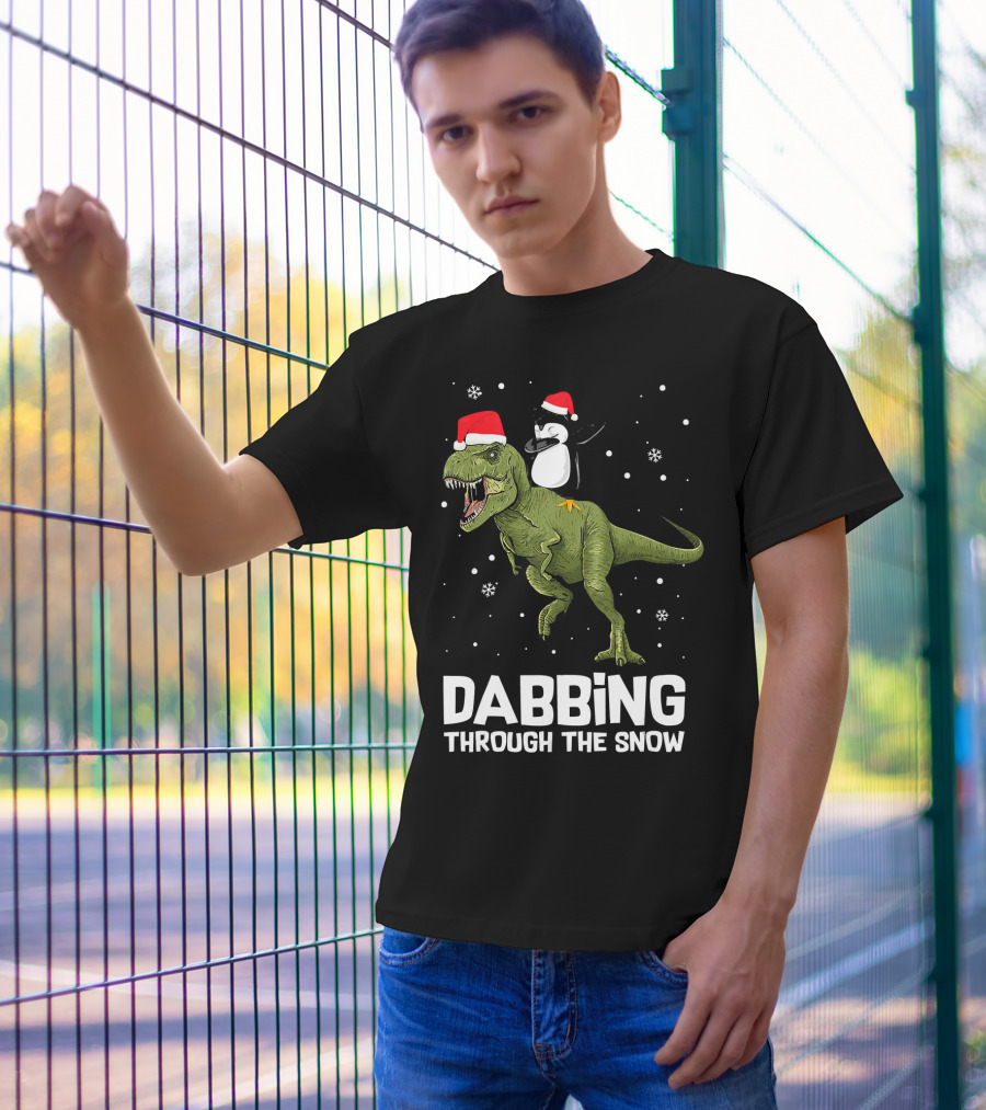 Dabbing Through The Snow Penguin On Dinosaur Christmas T-Shirt