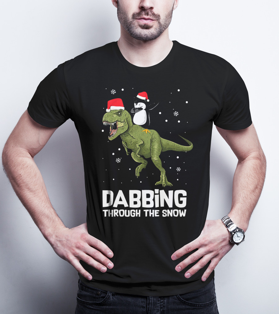 Dabbing Through The Snow Penguin On Dinosaur Christmas T-Shirt