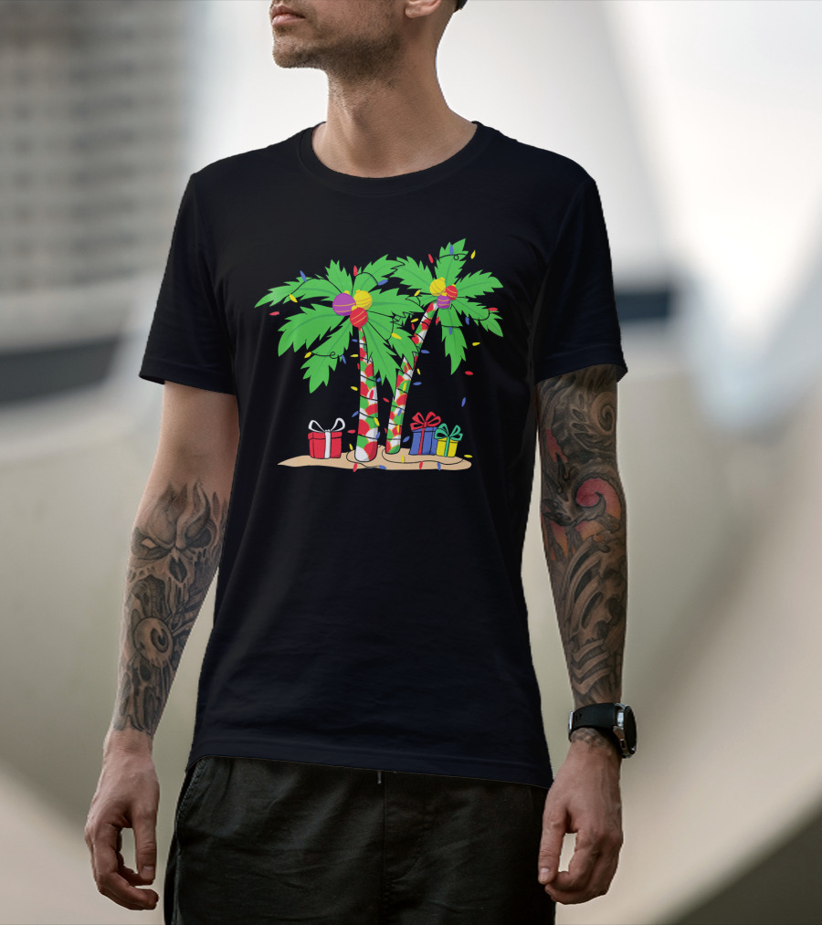 Decorated Christmas Palm Tree With Holiday Lights And Gifts T-Shirt