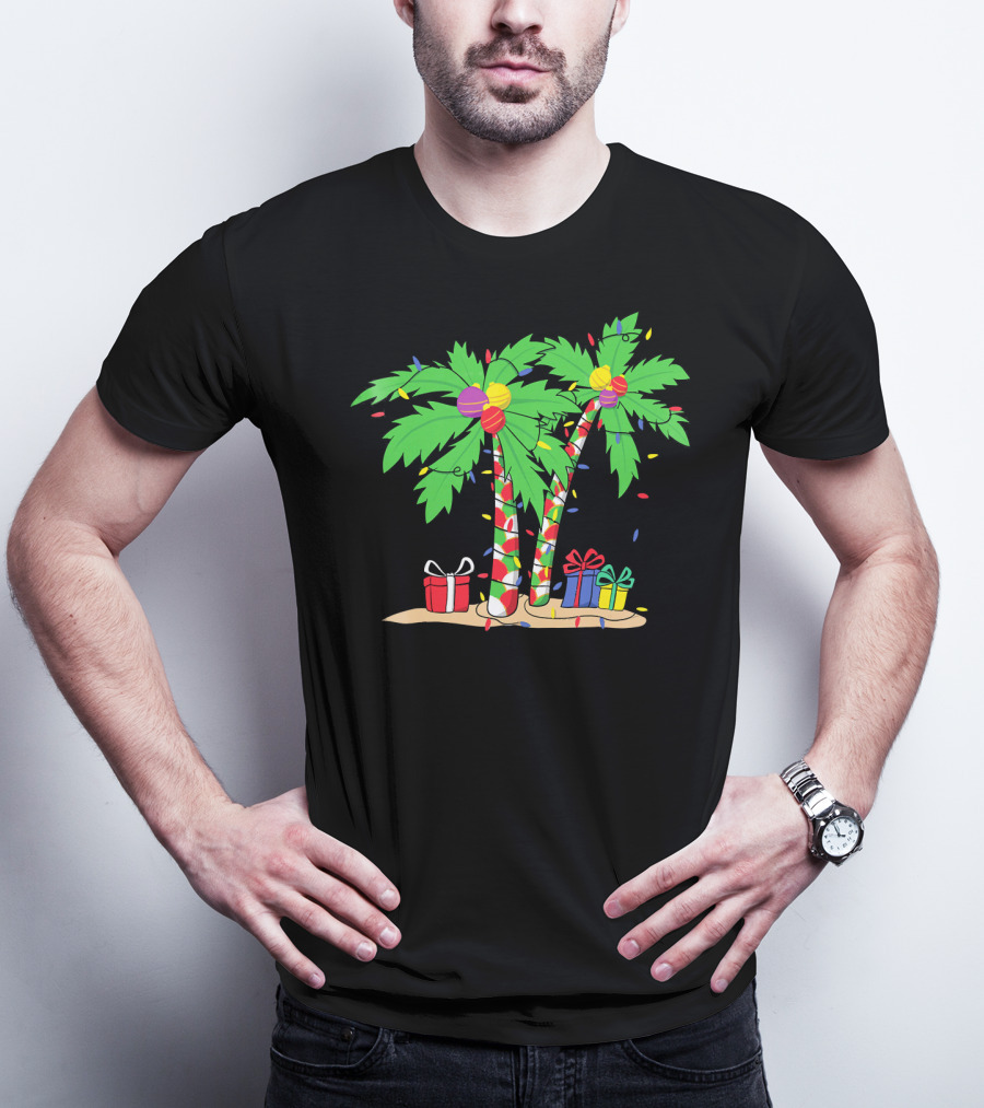 Decorated Christmas Palm Tree With Holiday Lights And Gifts T-Shirt