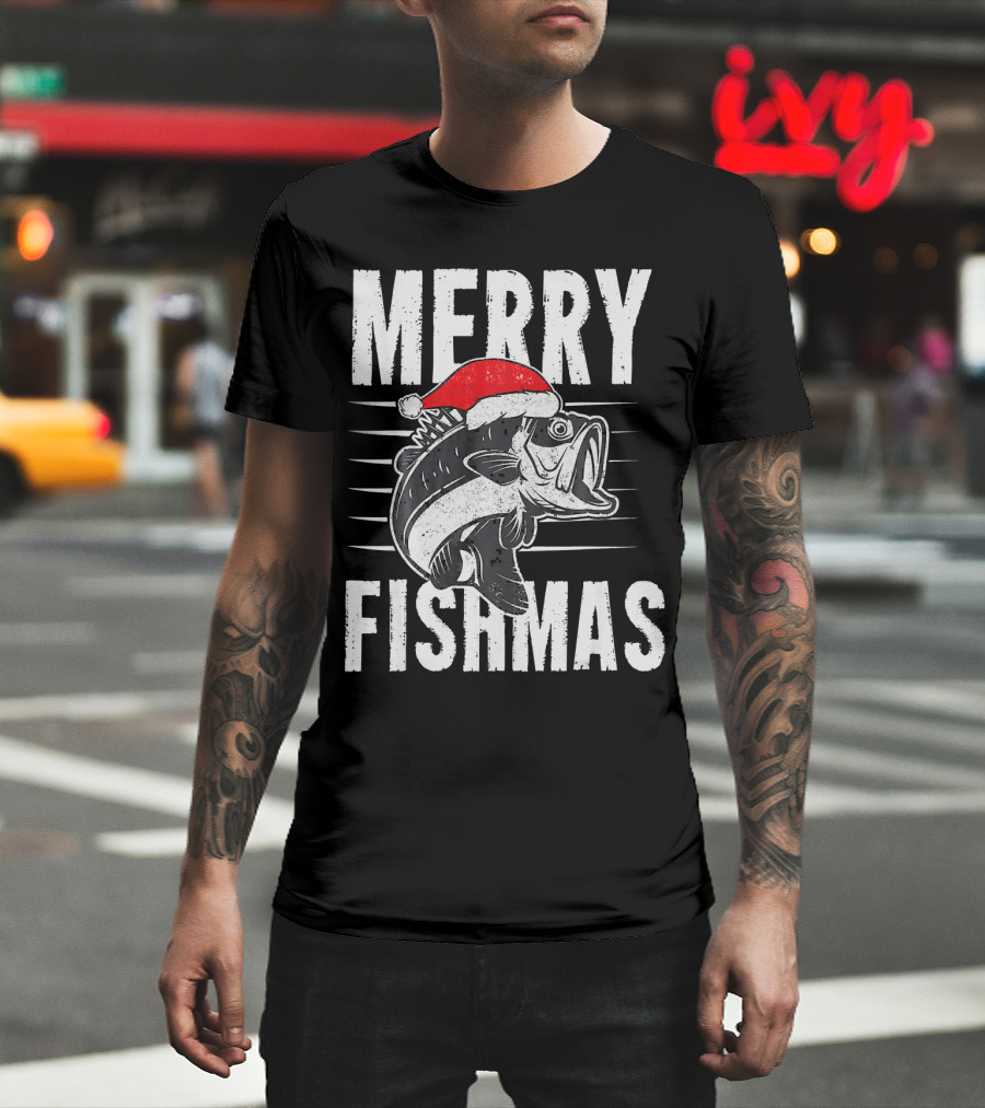 Merry Fishmas Funny Christmas Fishing Santa Hat Fish T-Shirt