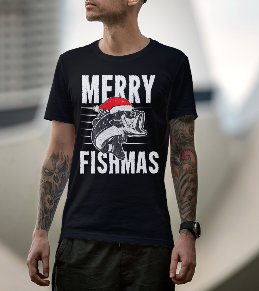 Merry Fishmas Funny Christmas Fishing Santa Hat Fish T-Shirt